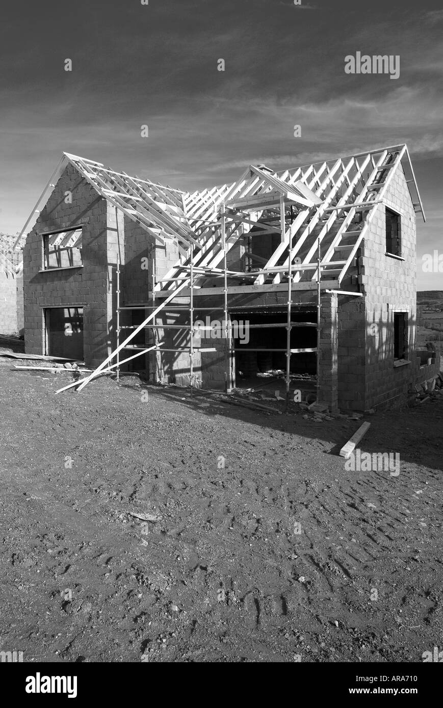 Black and white picture of houses under construction in Co Wicklow, Rep ...