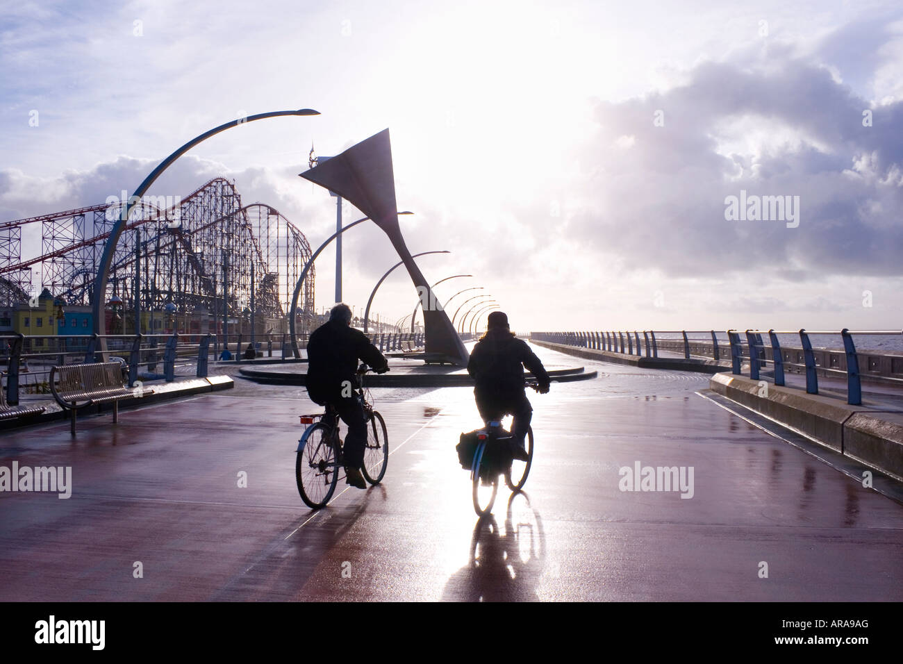 Blackpool England Two cyclists passing Swivelling Wind Shelter ...