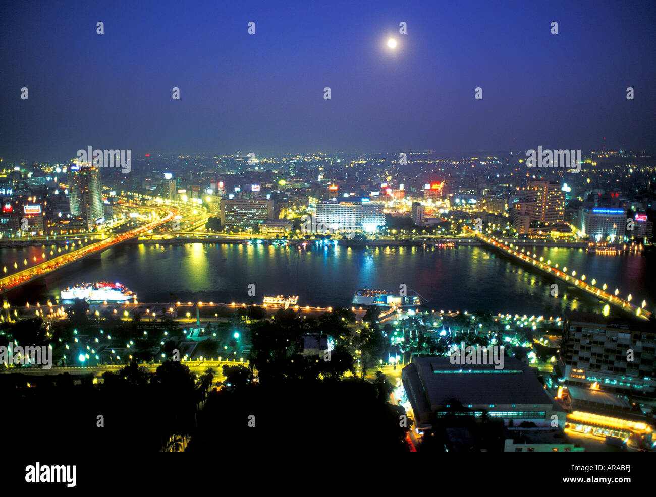 Cityscape of Cairo and Nile at night, Egypt Stock Photo - Alamy
