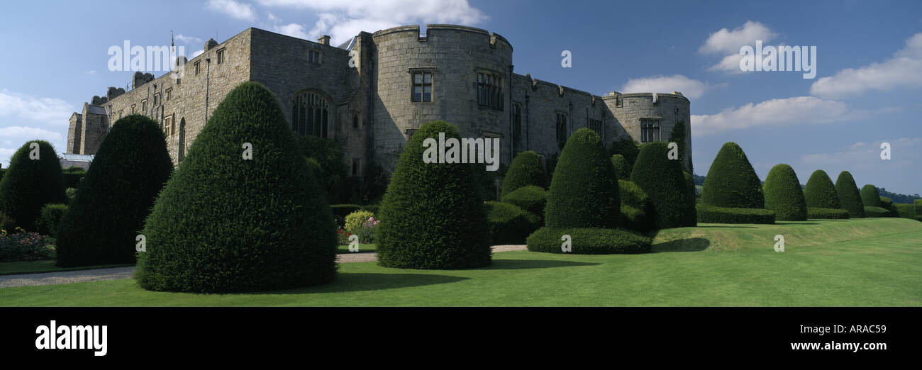 The exterior of Chirk Castle Wrexham Wales flanked by clipped yew trees ...