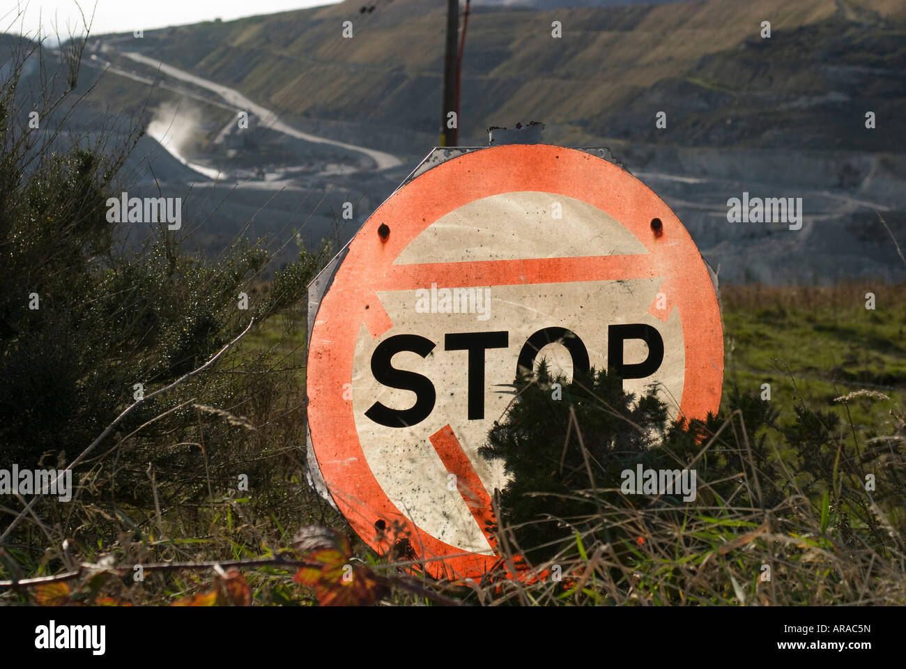 Stop Sign in front of a Clay Pit in the St Austell Area Stock Photo - Alamy