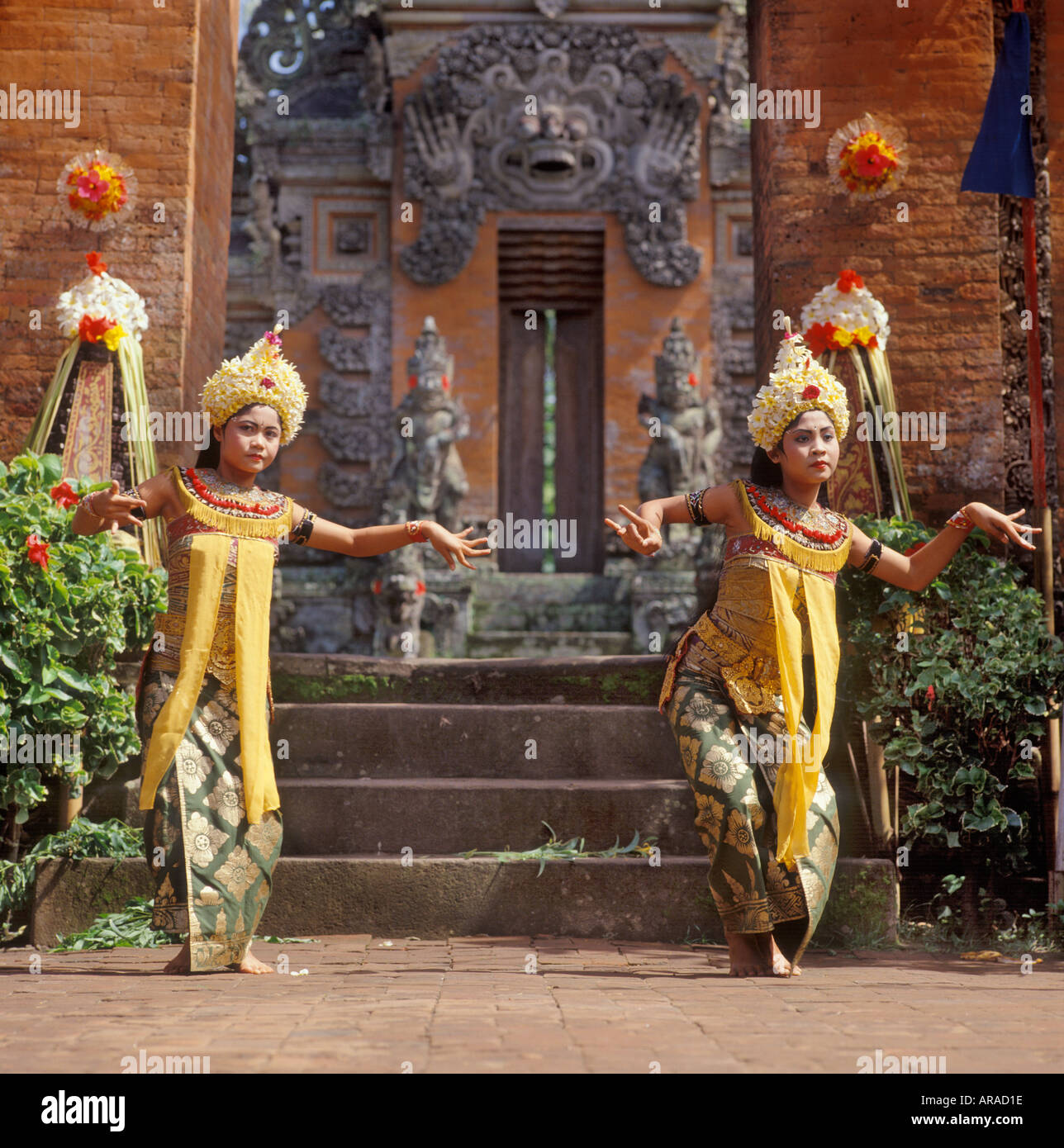Barong dancers performing at a Hindu temple in Bali Indonesia Stock ...