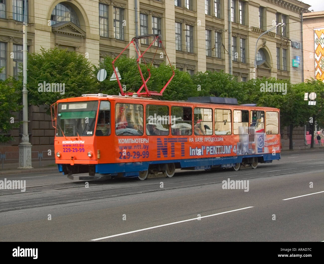 Tatra T6B5 single decker tram with pantograph in motion, downtown Minsk ...