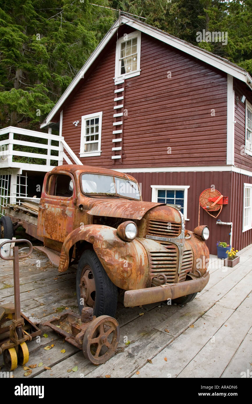 Rusty old Dodge truck on boardwalk Telegraph Cove Vancouver island ...