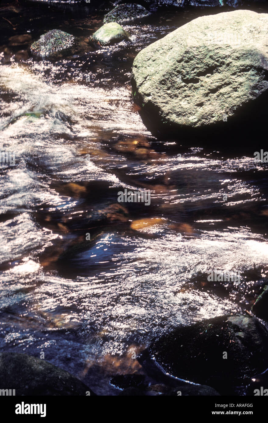 Rushing water flows over rocks and boulders in forest mountain stream ...