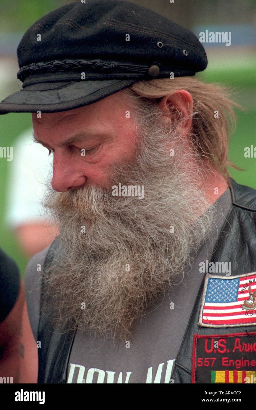 Biker Vietnam veteran age 60 participating in Memorial Day service. St ...