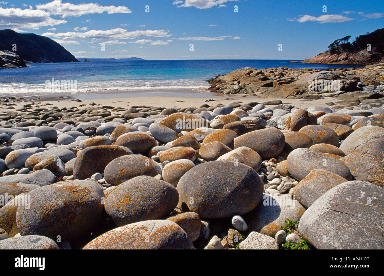 Boulders on beach at Bluestone Bay Freycinet National Park Tasmania ...