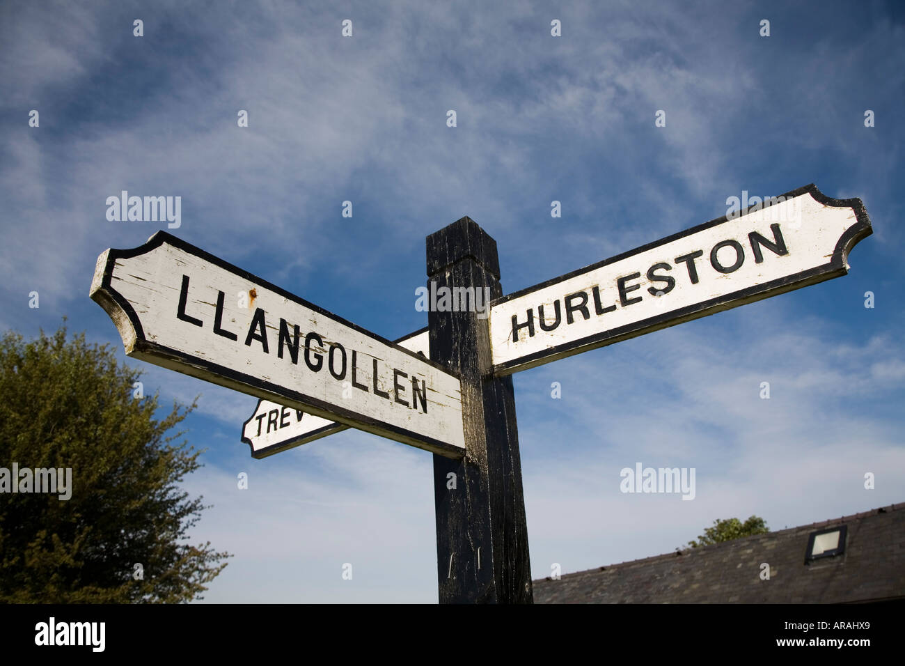 Old fashioned signpost to Llangollen and Hurleston at Trevor basin ...