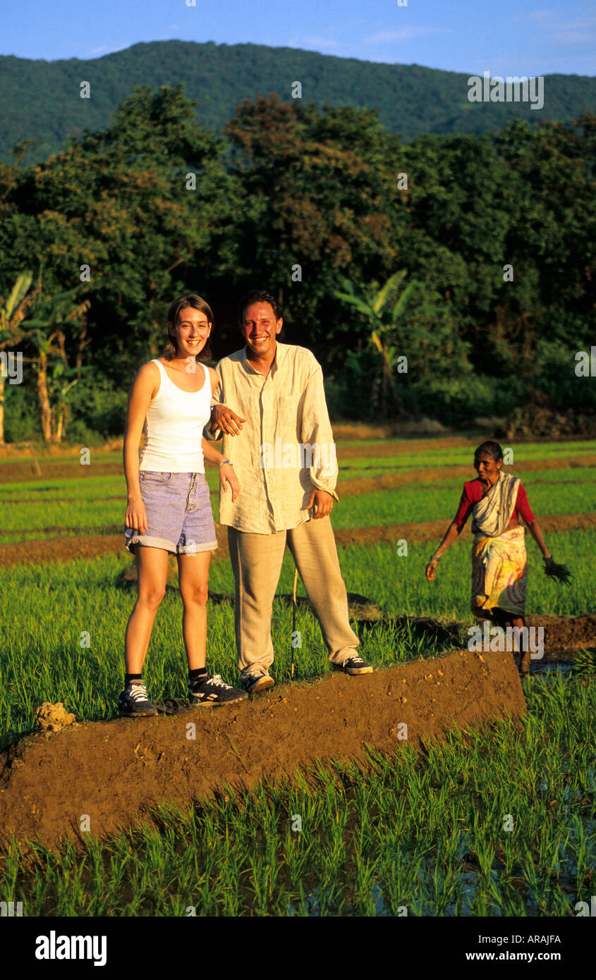 india north goa tourists posing in a rice field Stock Photo - Alamy