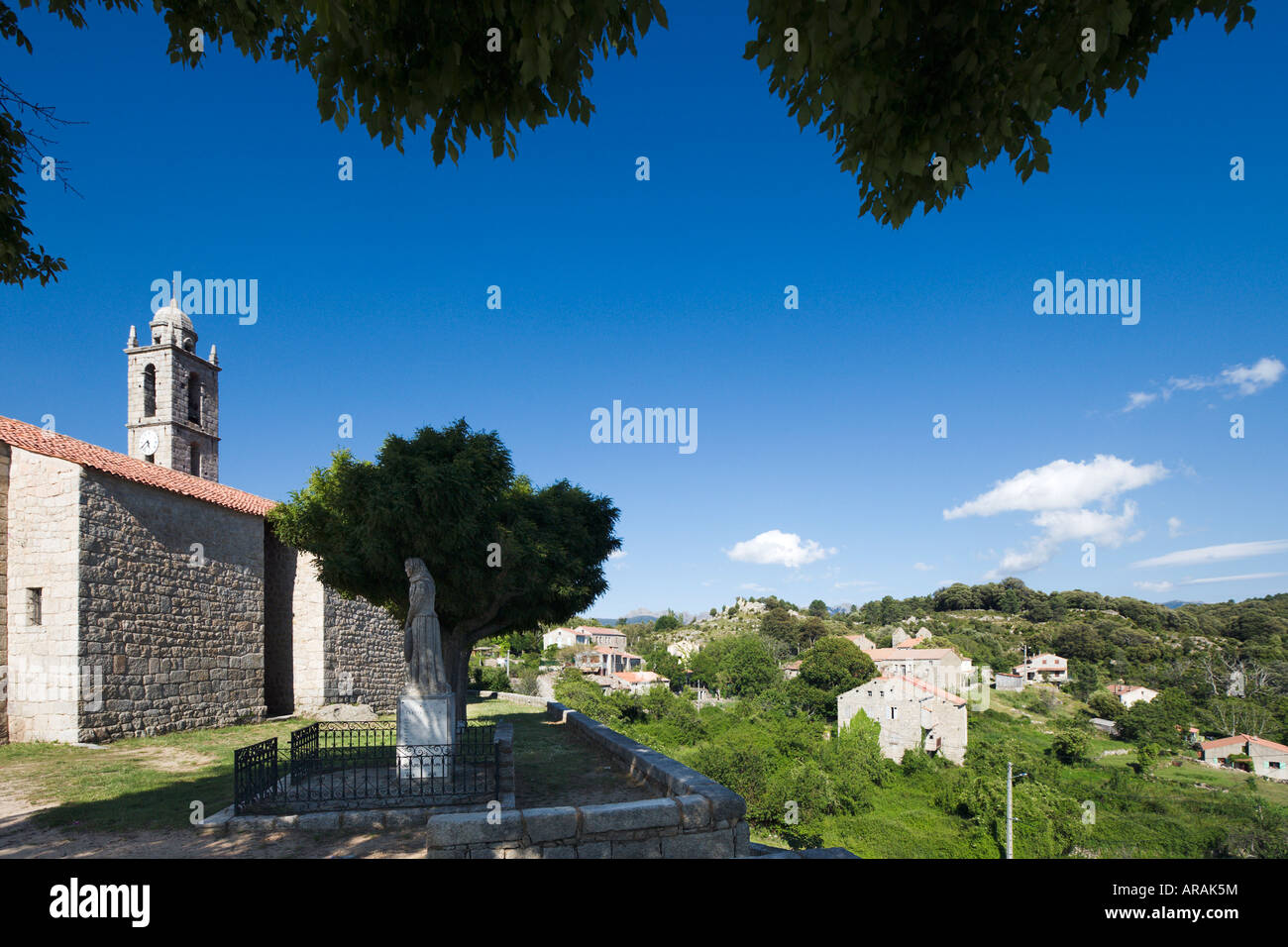 Church and view in the mountain village of Quenza, Alta Rocca, Corsica ...