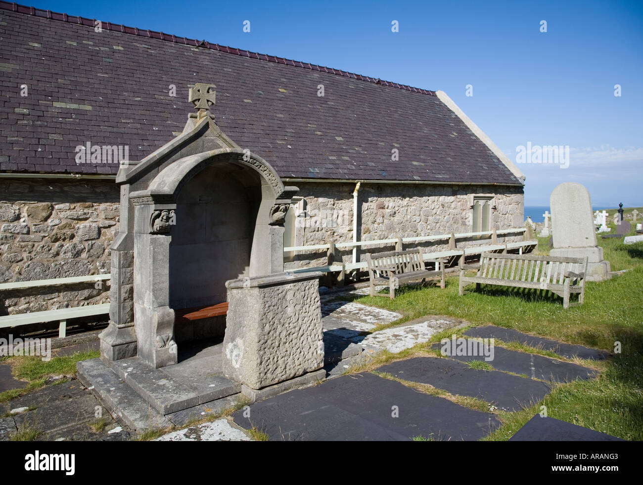 Outdoor pulpit St Tudno's 12th century church Great Orme North Wales UK ...