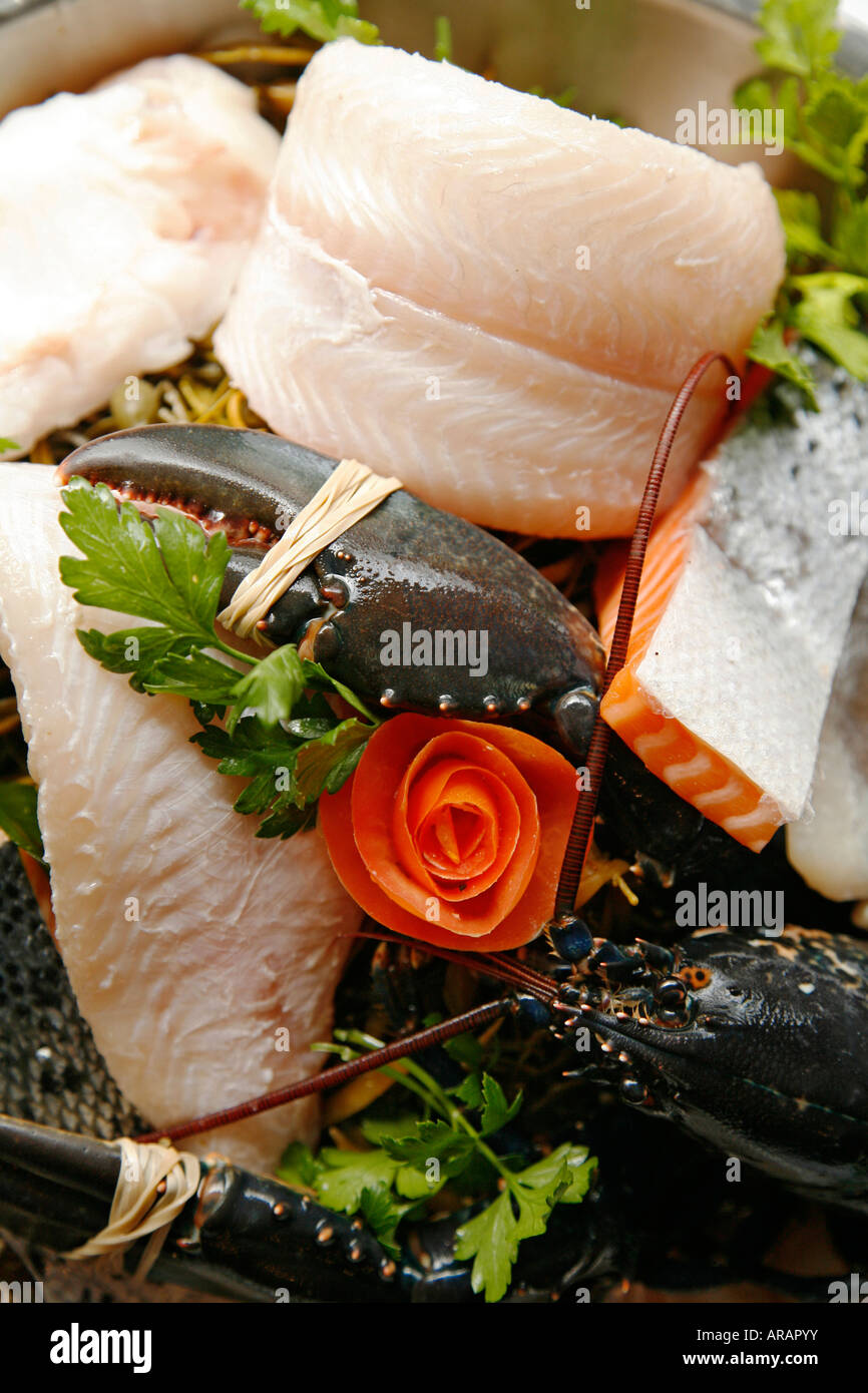 Lobster salmon and some white fish platter Stock Photo - Alamy
