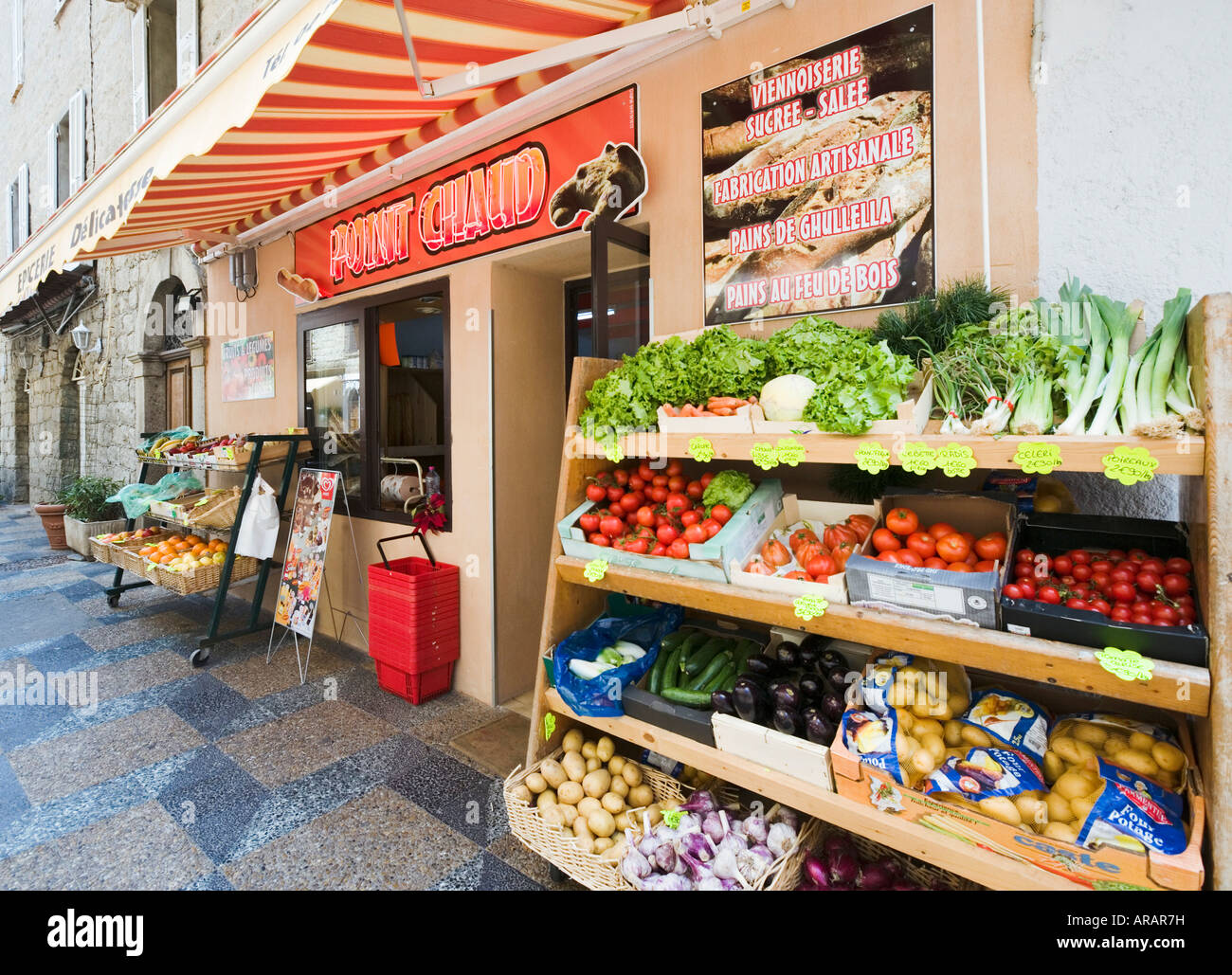 Grocers shop in the old town, Porto Vecchio, Corsica, France Stock ...
