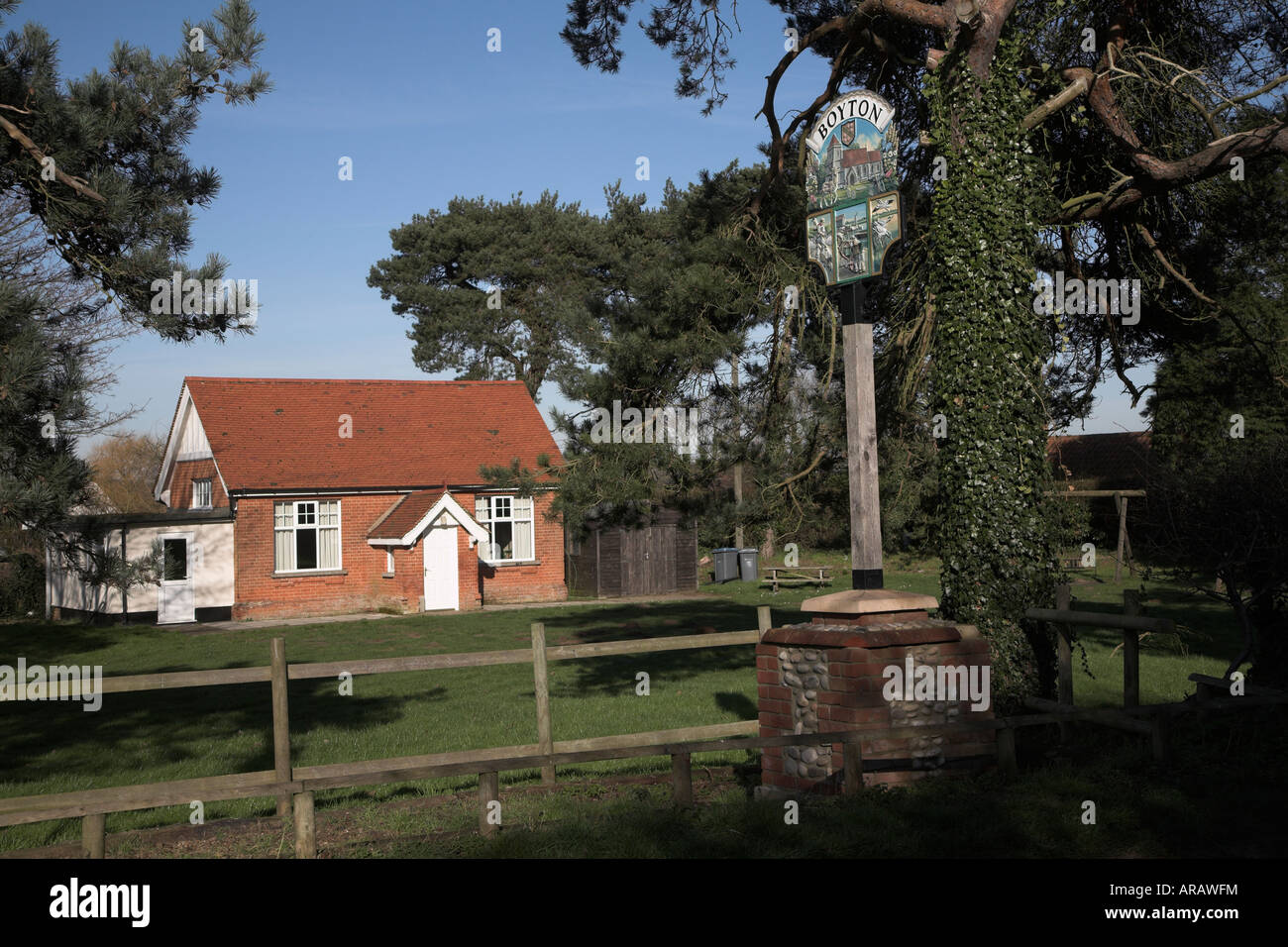 Village sign and village hall Boyton Suffolk England Stock Photo - Alamy