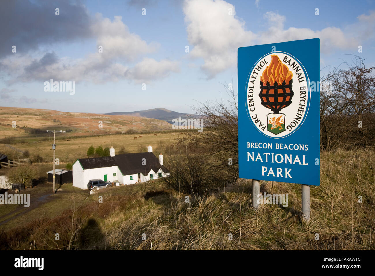 Brecon Beacons national park sign with farmhouse and hills Wales UK ...