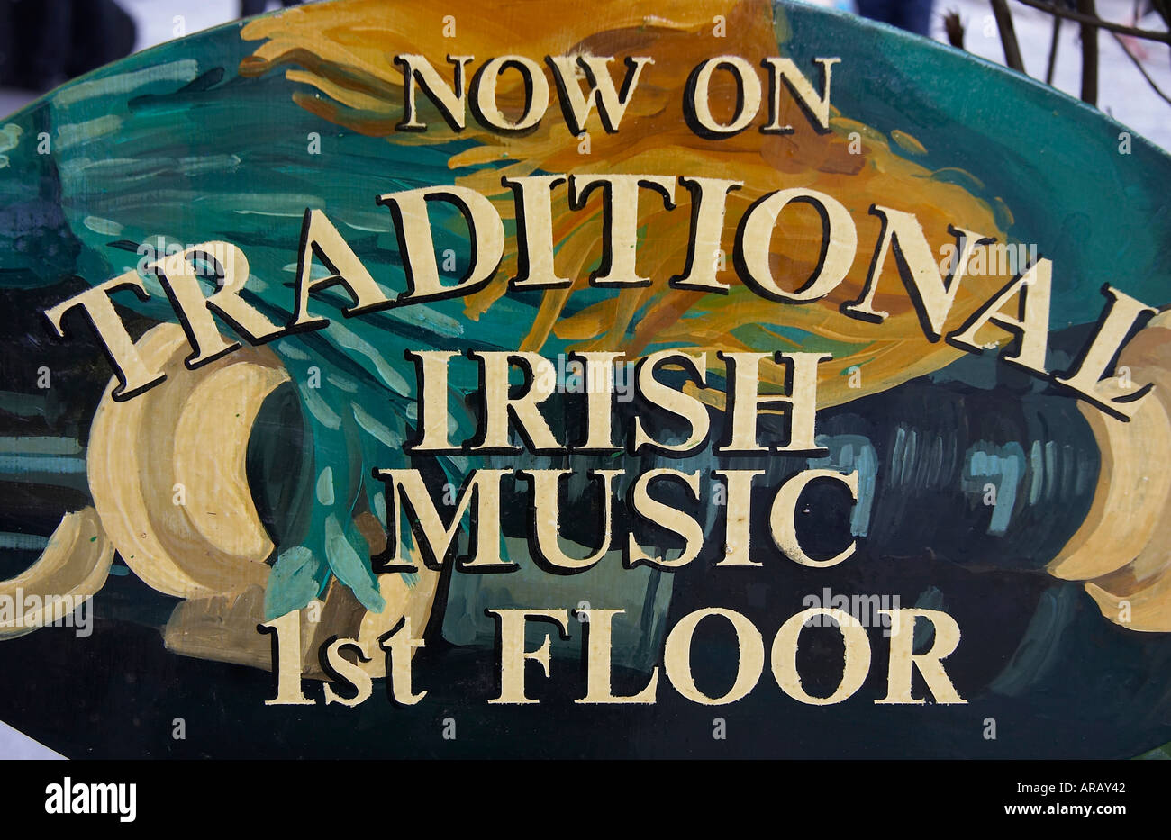 sign "Now on Traditional Irish Music Stock Photo - Alamy