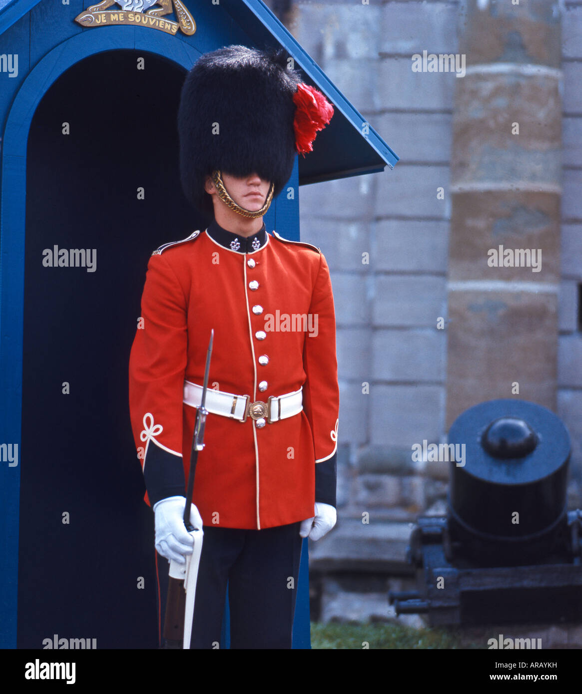 Guard in red uniform at guardhouse at military Citadel Quebec City ...