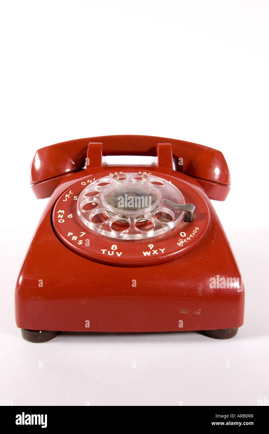 a red dial telephone shot from below on white background Stock Photo ...