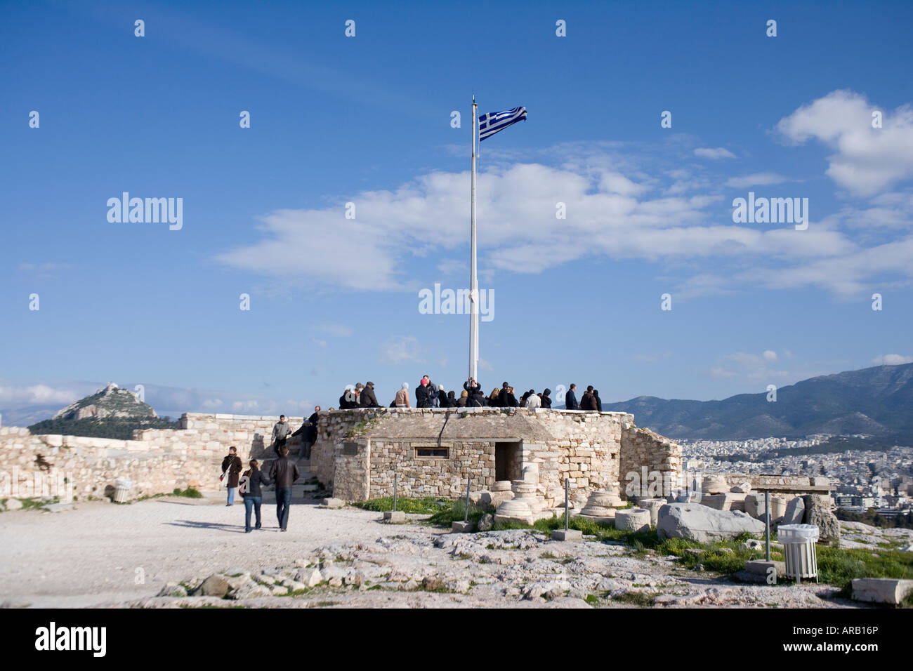 The greek flag on Acropolis ancient site Stock Photo - Alamy