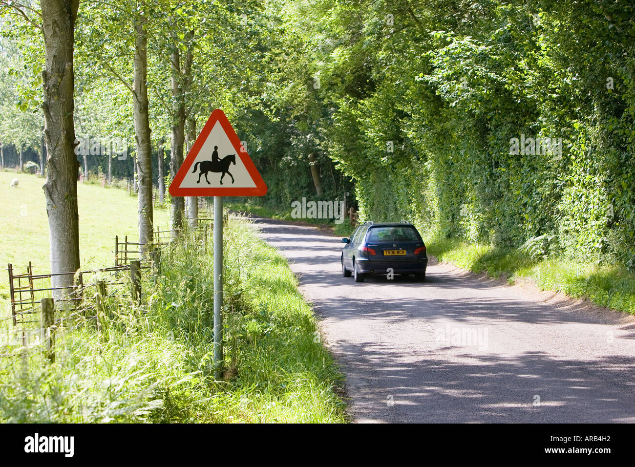 Car passes sign by roadside warning of accompanied horses or ponies ...