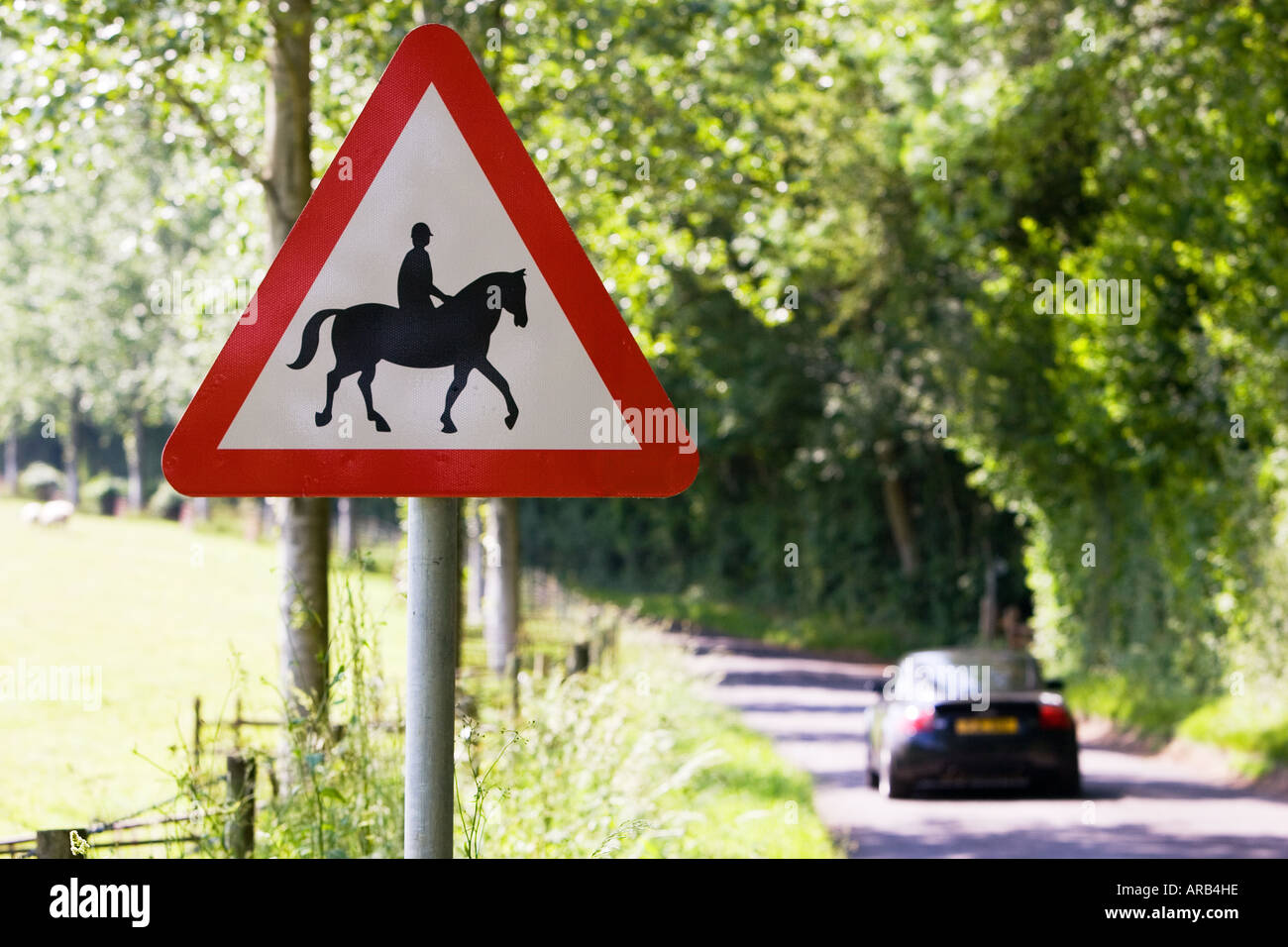 Car passes sign by roadside warning of accompanied horses or ponies ...