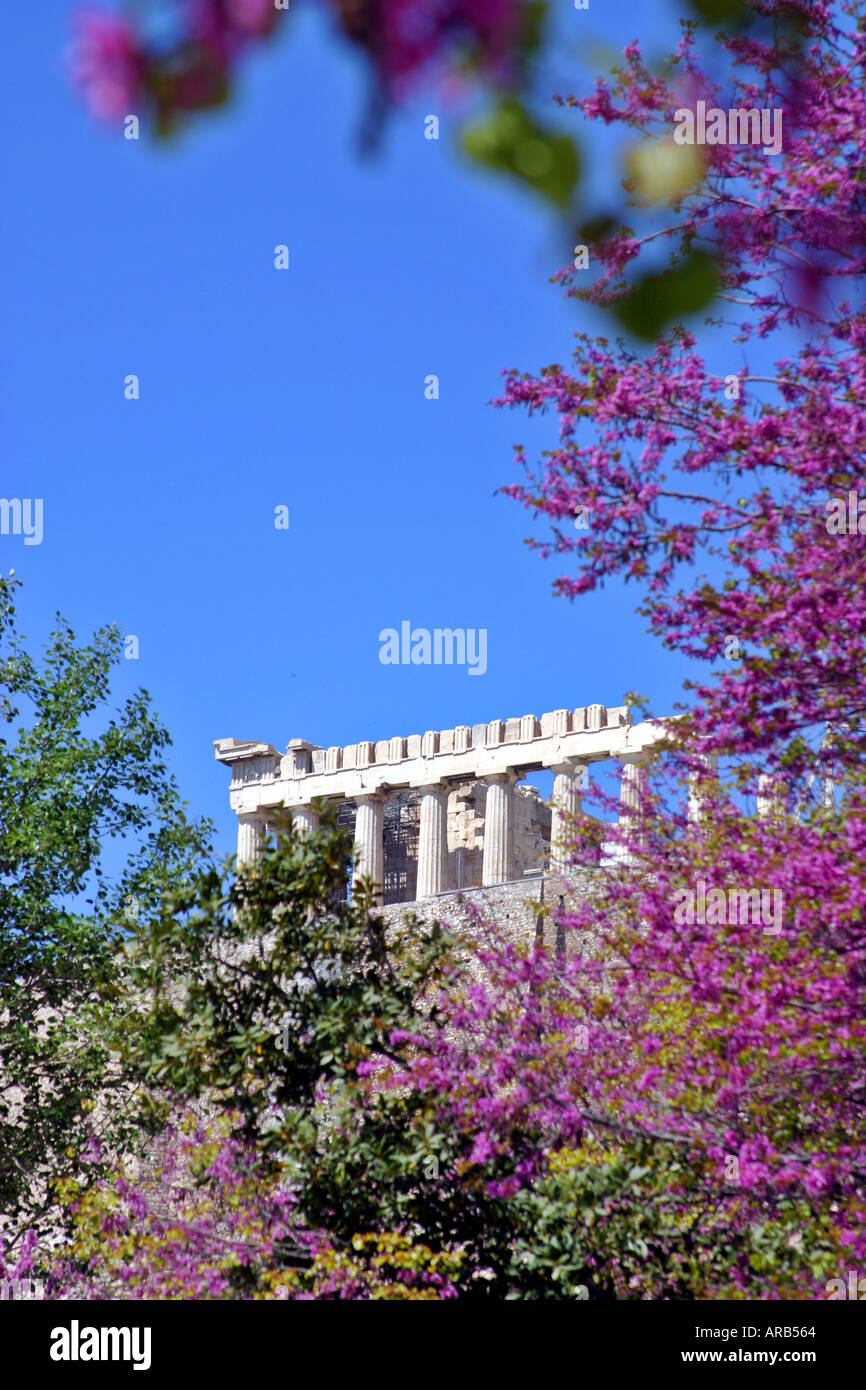 Acropolis hill and ancient remains and ruins side view Plaka Athens ...