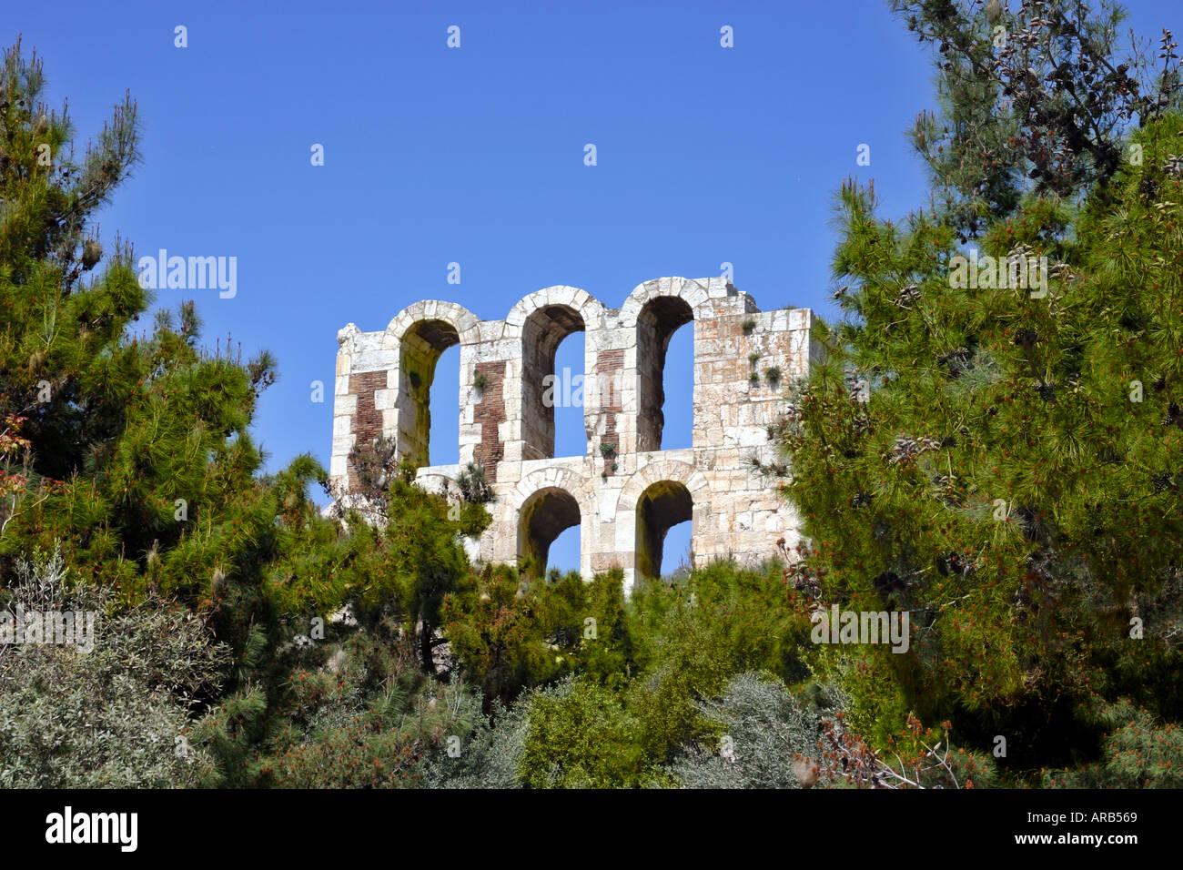 Acropolis hill and ancient remains and ruins side view Athens Greece ...