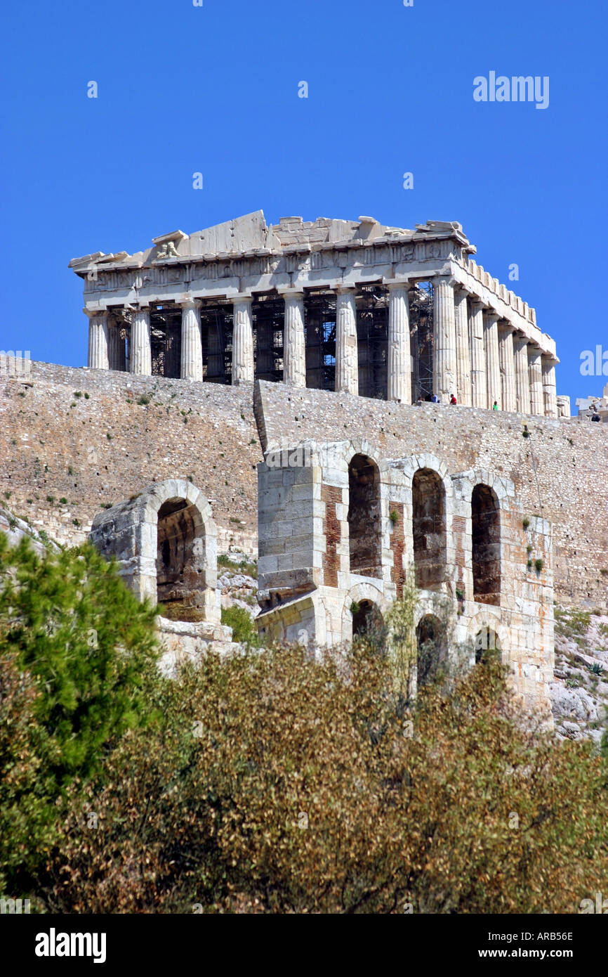 Acropolis hill and ancient remains and ruins side view Plaka Athens ...
