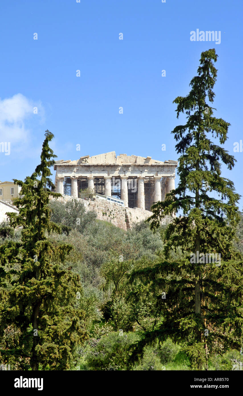 Acropolis hill and ancient remains and ruins side view Athens Greece ...