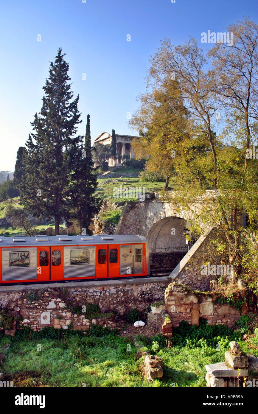 Metro wagons red railway underground Athens station rails two Greece ...