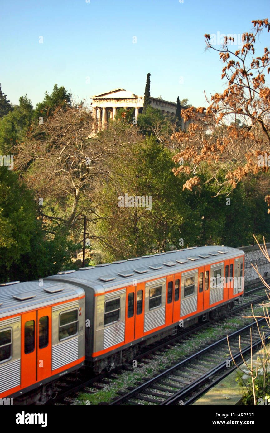 Metro wagons red railway underground Athens station rails two Greece ...