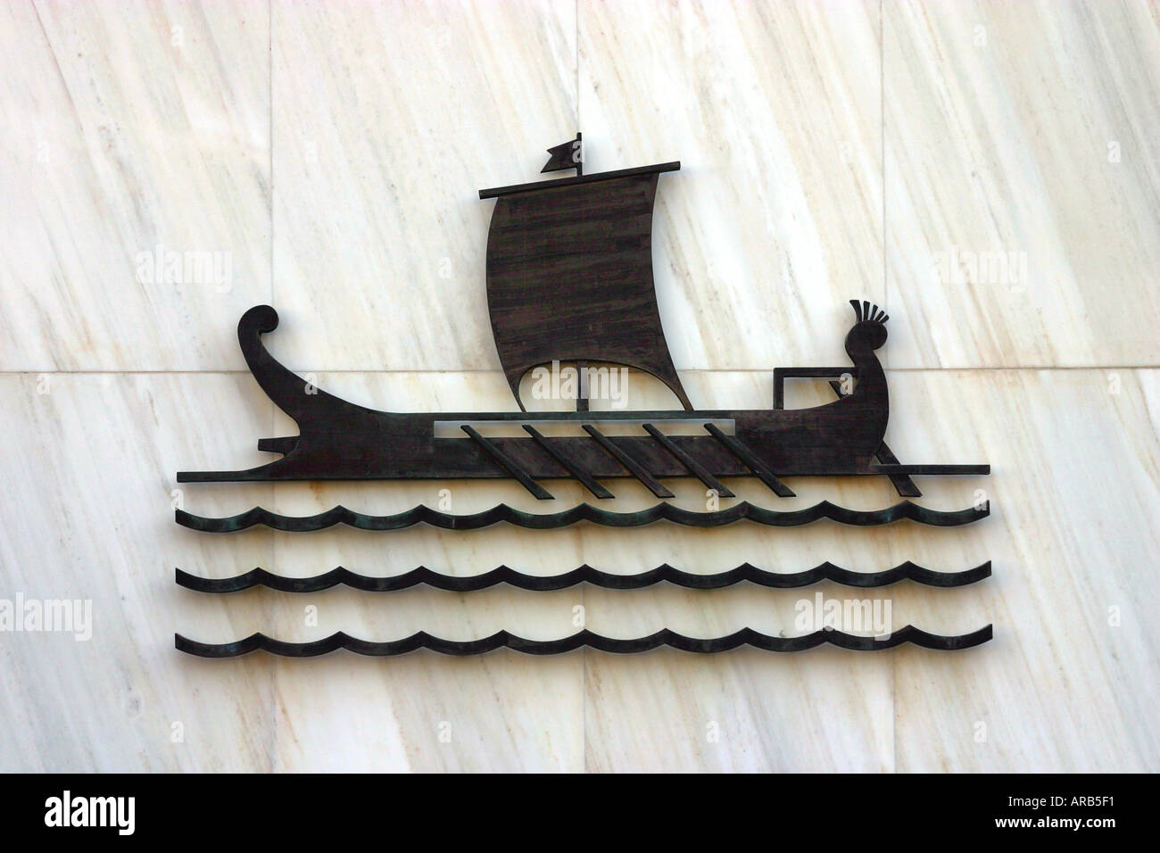 Ancient Greek Ship bronze decoration at maritime office building ...