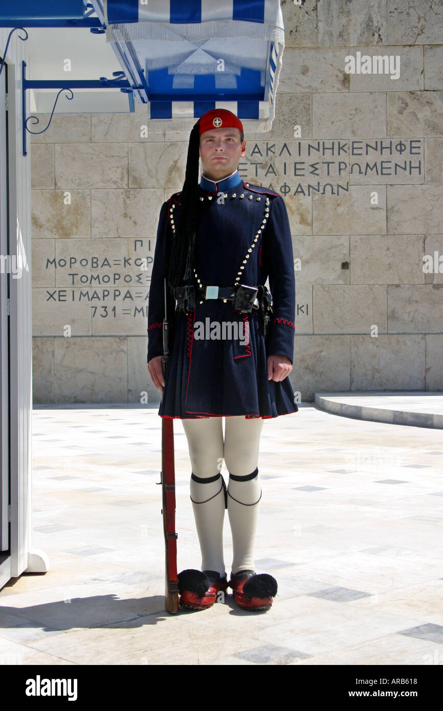 Greek Evzone soldier in traditional dress on guard Syntagma Square ...
