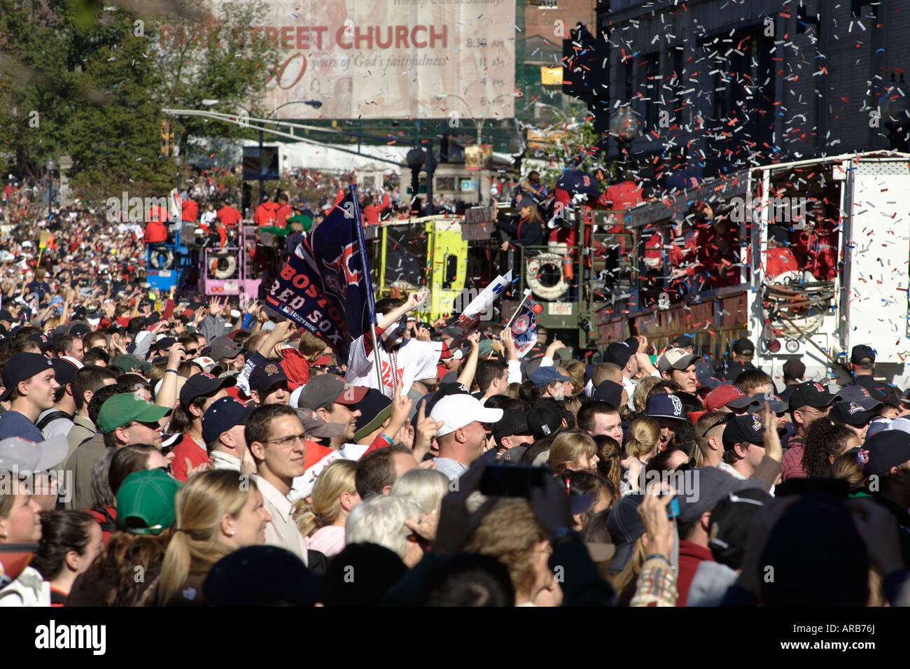 Crowd of people celebrating Boston Red Sox victory in 2007 world series ...