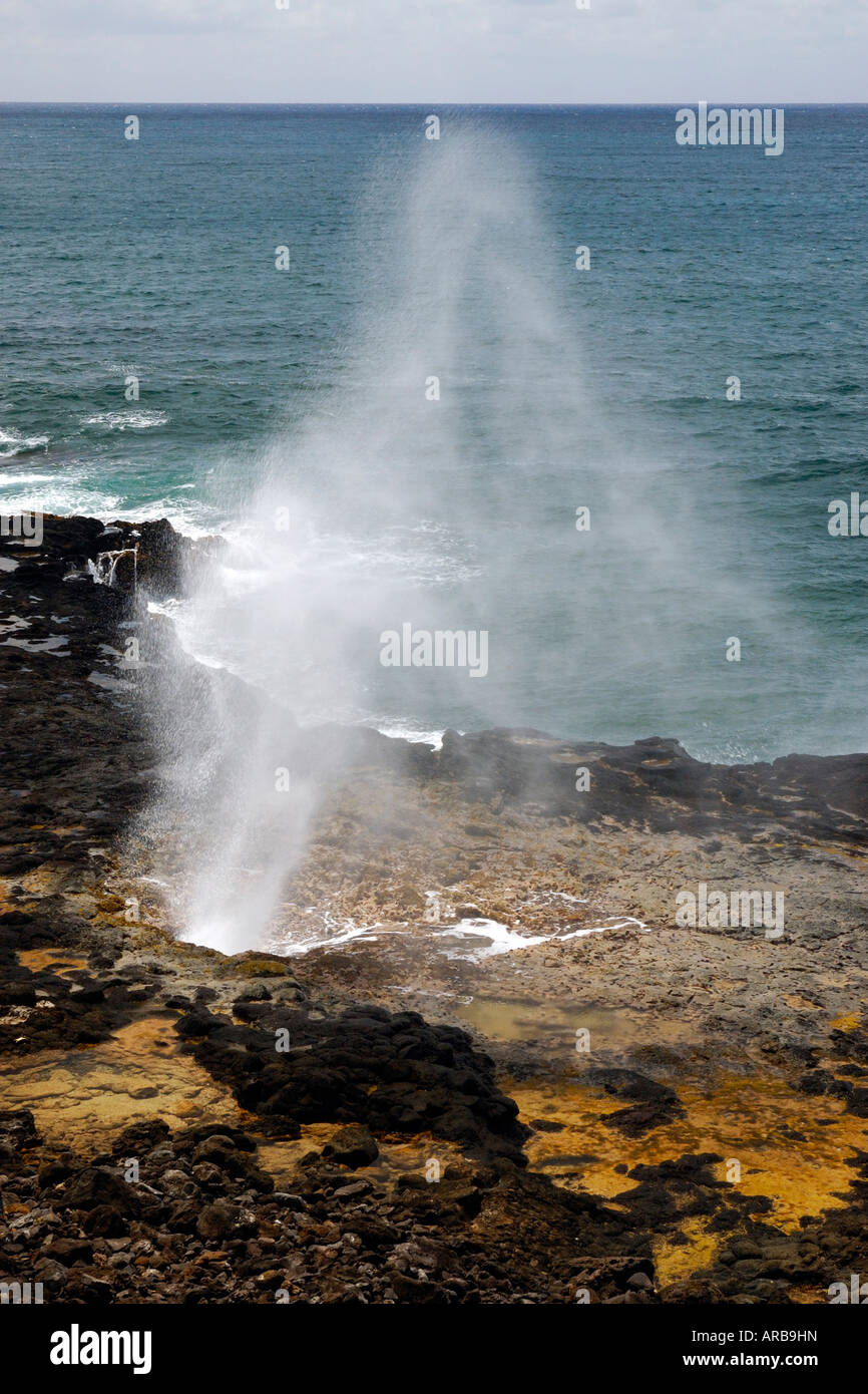 Water blows through the hole in the lava at the Spouting Horn Beach ...