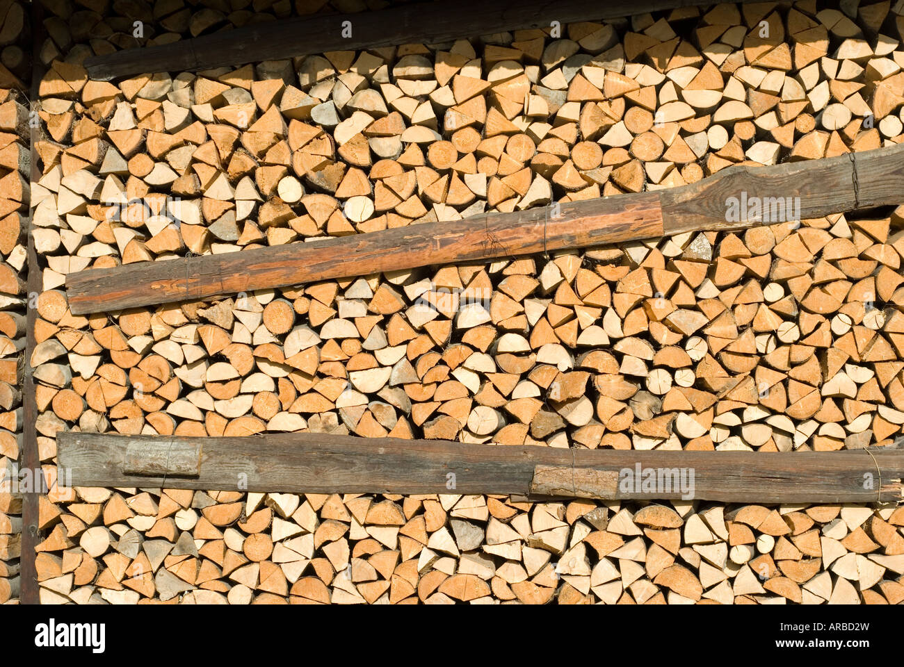 pile of cut wooden logs stored ready to use in poland Stock Photo - Alamy