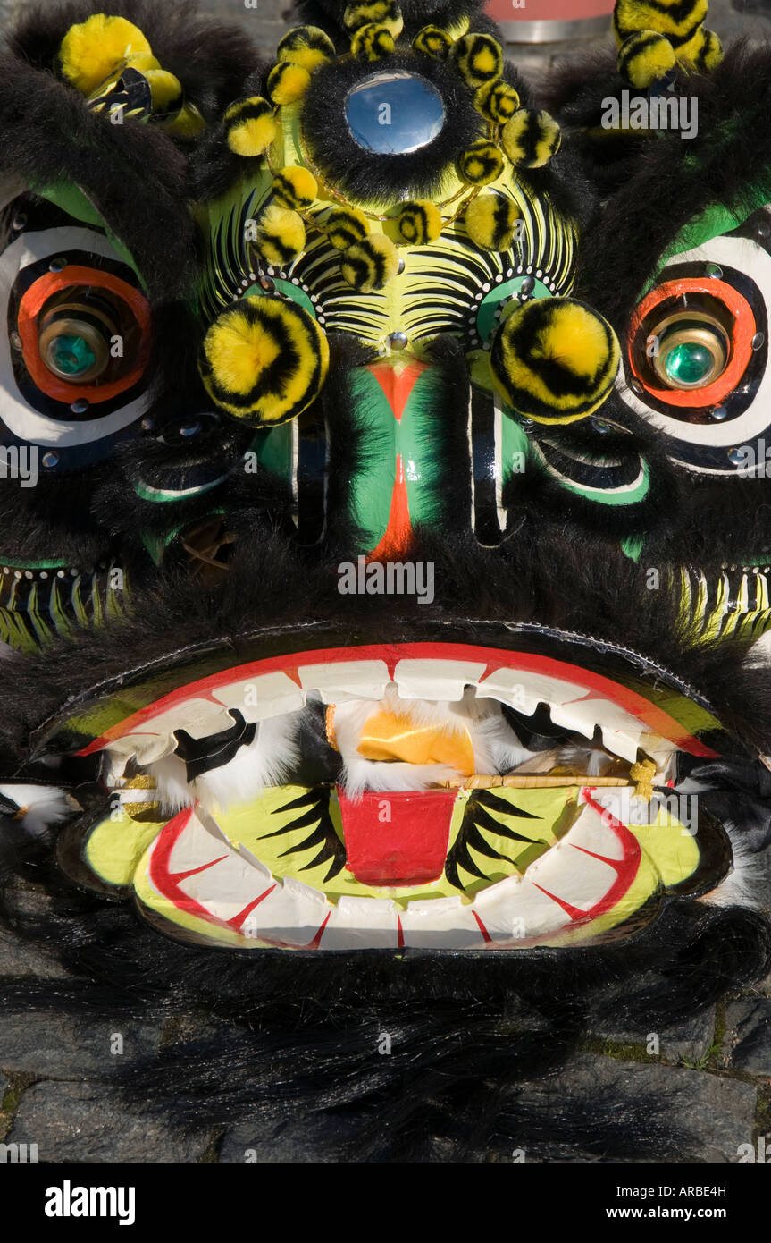 Detail of mask of a traditional Chinese lion ready for the Lion Dance ...