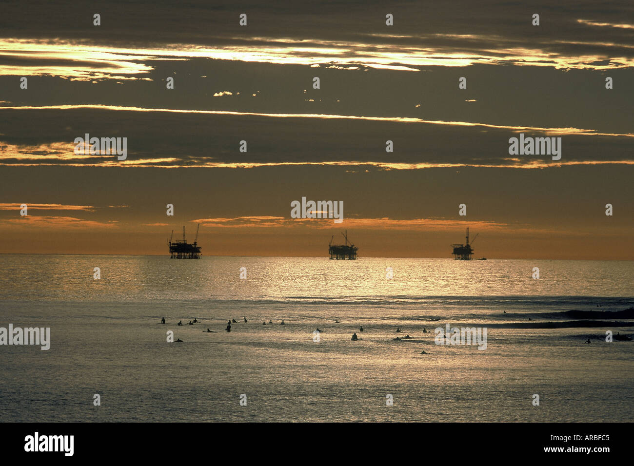 Three oil rigs outside the coast of California where surfers wait for ...