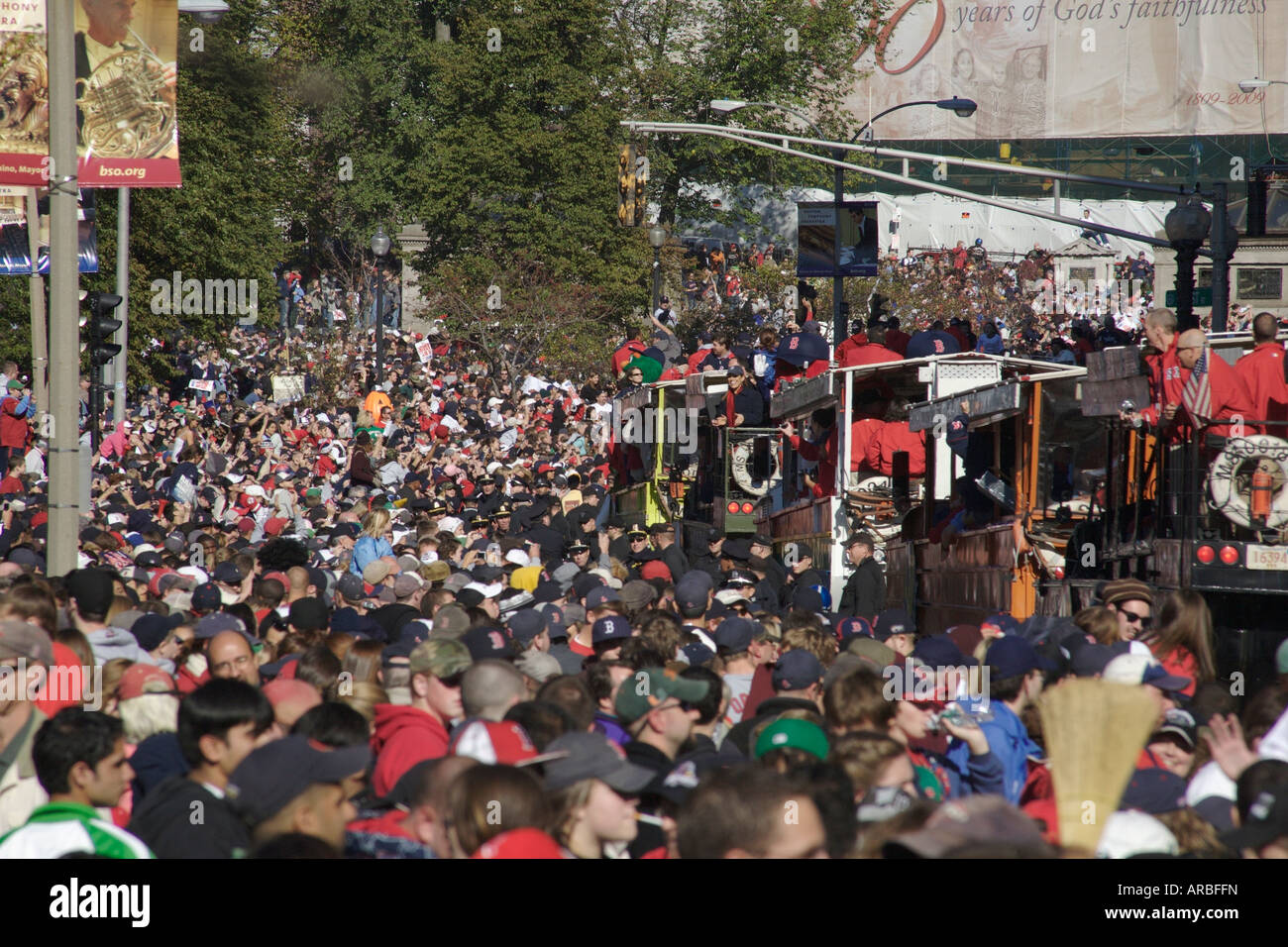 Crowd of people celebrating Boston Red Sox victory in 2007 world series ...