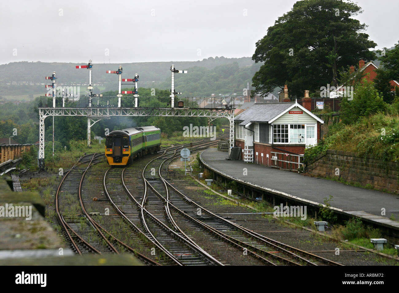 Railway signal gantry on the line out of Scarborough station Stock ...