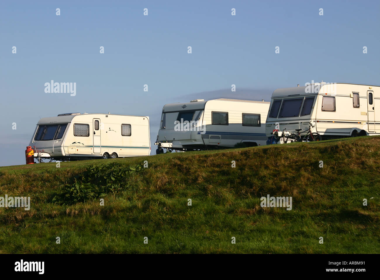 Group of touring caravans on a caravan site on the east coast of ...