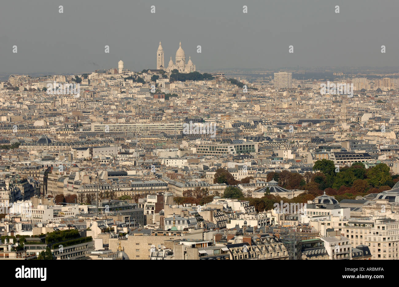Overhead view of Paris from the Eiffel Tower with the Sacre Coeur in ...