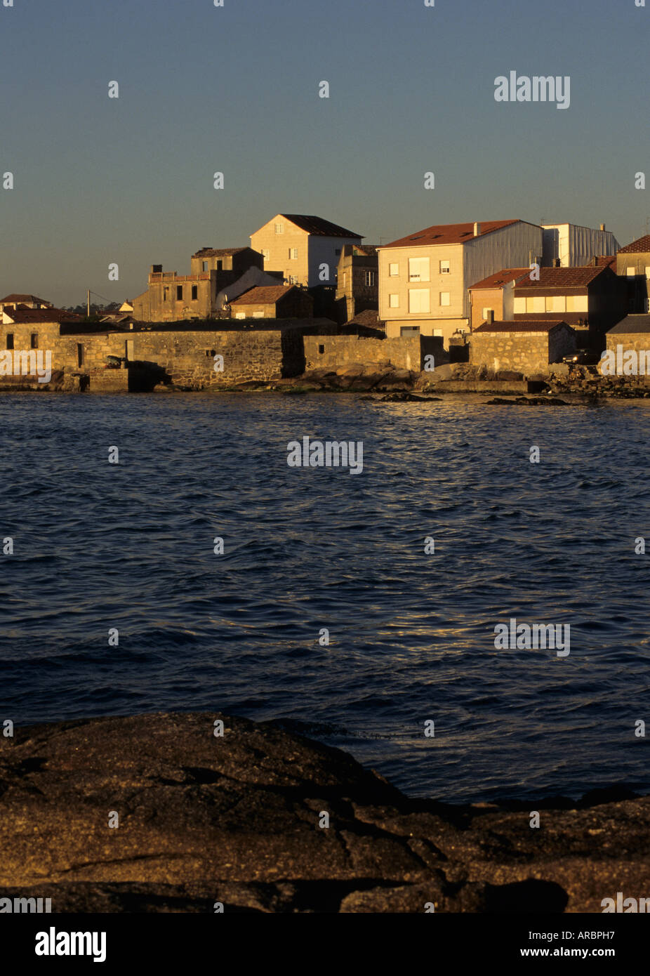 the scenic fishing village of Cambados at the dusk in the Rias Baixas ...