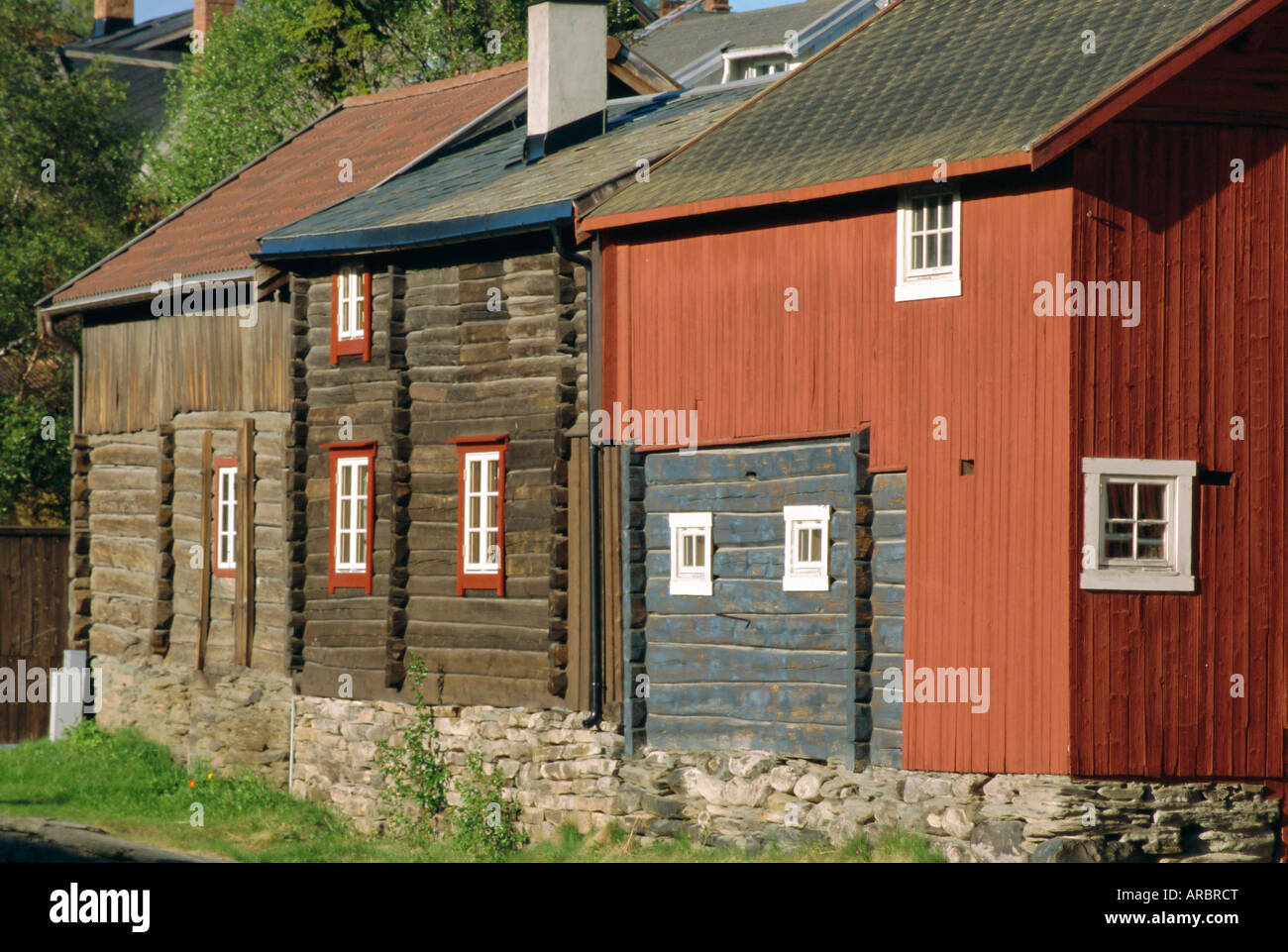Preserved miners' houses, World Heritage site of Roros, Trondelag ...