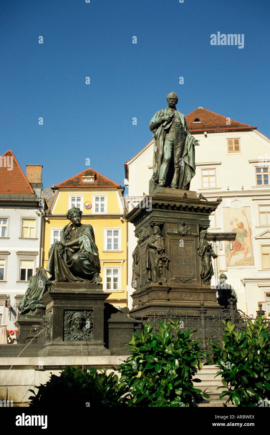 Statue of Archduke Johann, moderniser of Graz, and nymphs at base ...