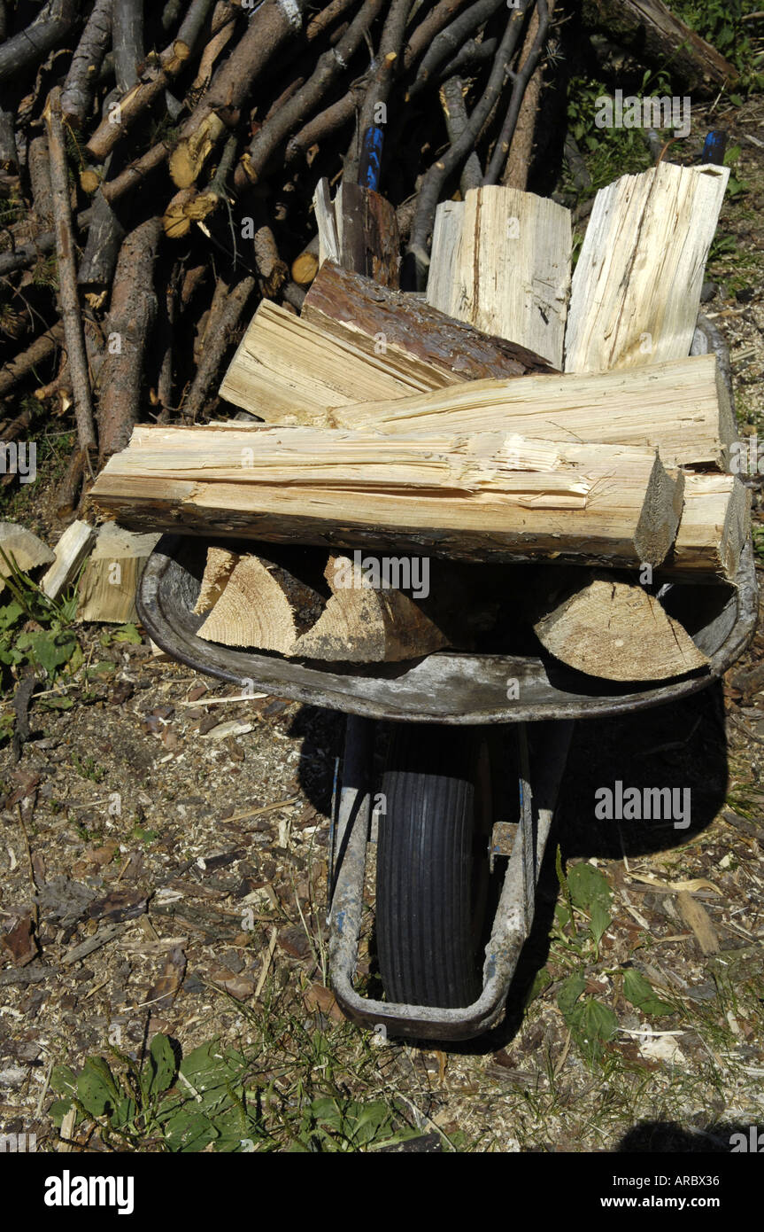 wheel barrow with logs Stock Photo - Alamy