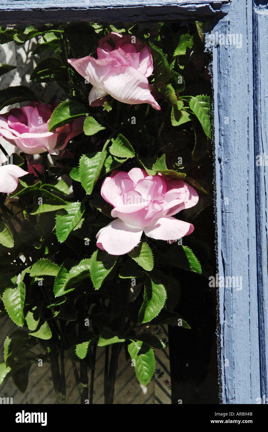blue window frame, flower decoration in the window Stock Photo - Alamy