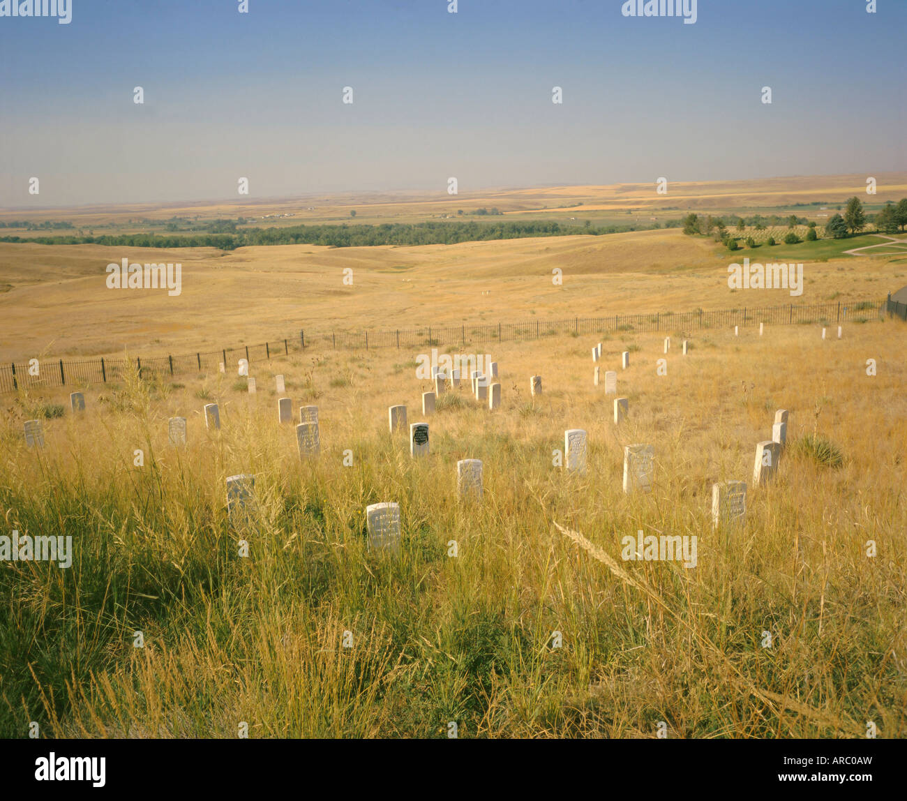 Custer's Last Stand battlefield, Custer's grave site marked by dark ...