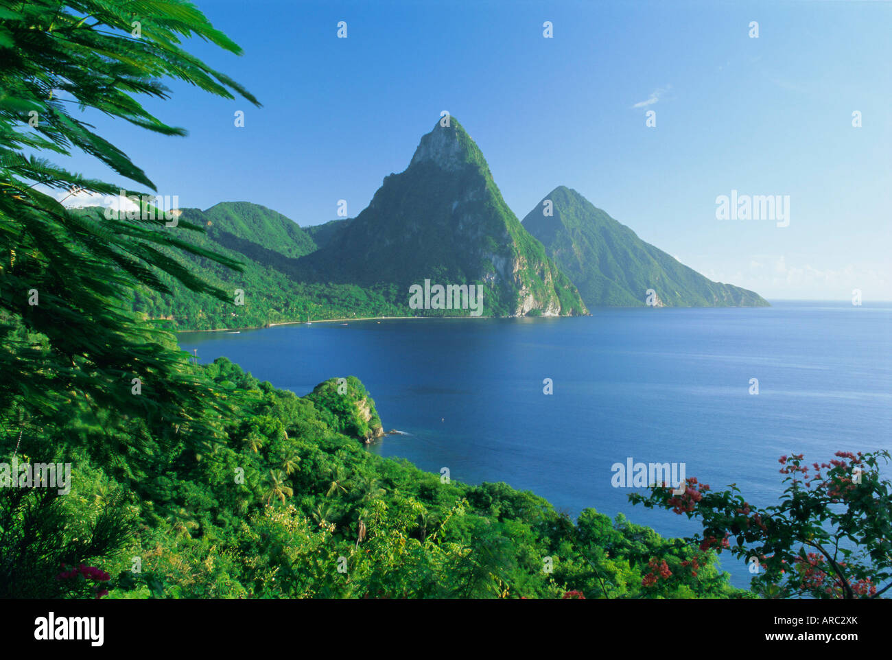 Volcanic peaks of the Pitons, Soufriere Bay, St. Lucia, Caribbean, West ...