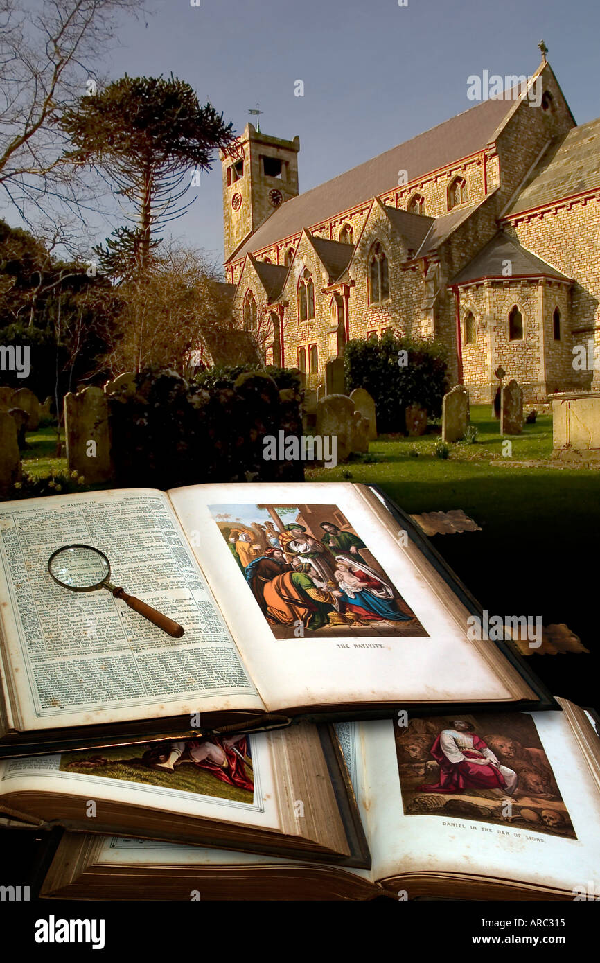 English church bible montage Stock Photo - Alamy